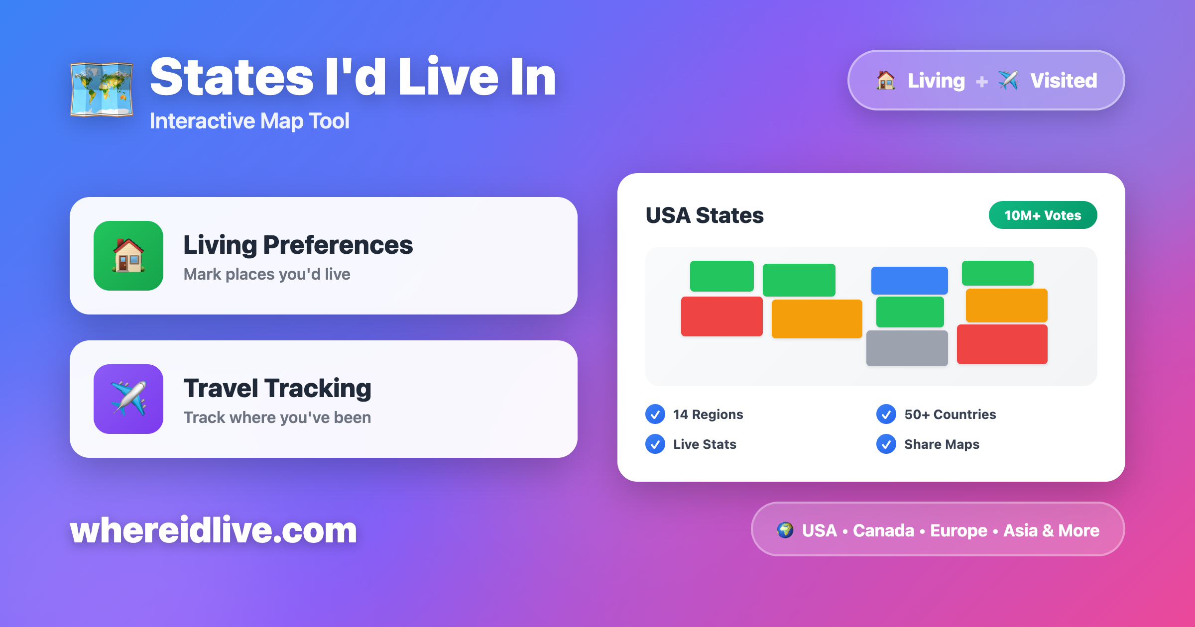 🗺️ States I'd Live In + Travel Tracker | 14 Maps, USA Cities, 50+ Countries